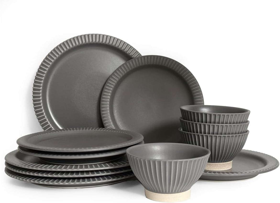 12-Pieces Modern Porcelain Dinnerware Set for 4 - Plates and Bowls with ...