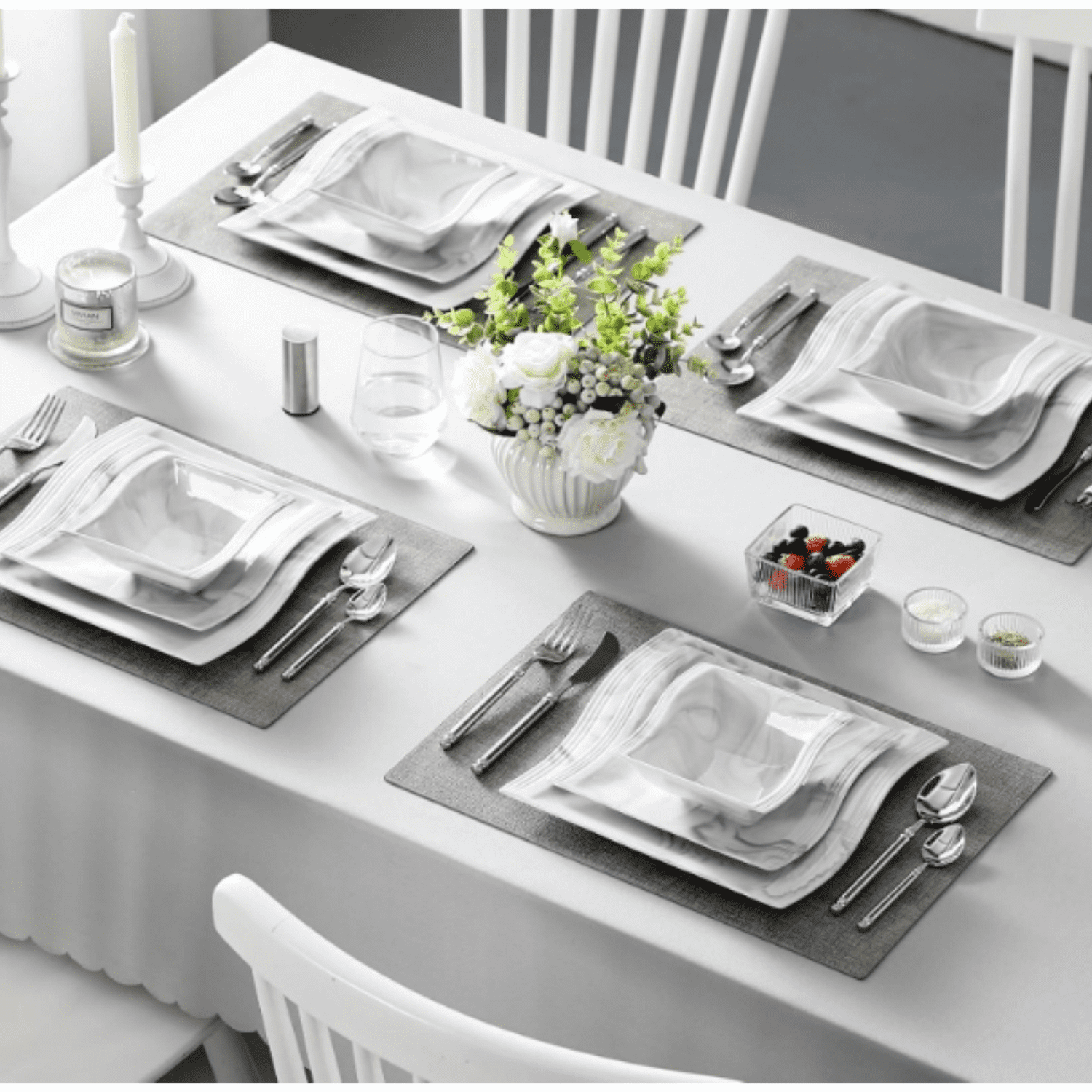 12 Pieces Modern Porcelain Dinnerware Sets for 4, Marble Dishware Set ...