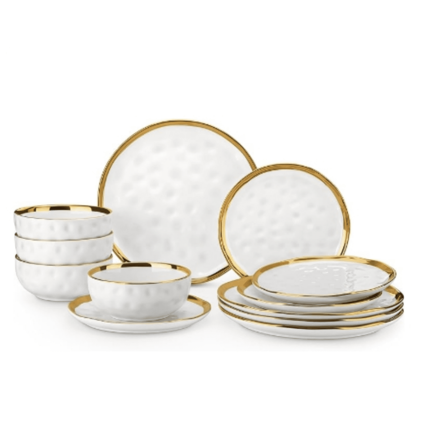 12 Pieces Plates and Bowls Sets, Porcelain White and Gold Dinnerware ...
