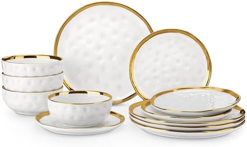 12 Pieces Plates and Bowls Sets, Porcelain White and Gold Dinnerware ...