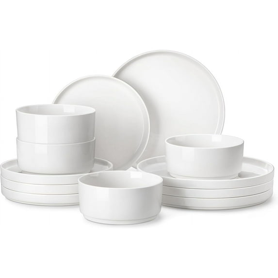 12 Pieces Porcelain Dinnerware Set, Modern White Dish Set for 4 ...