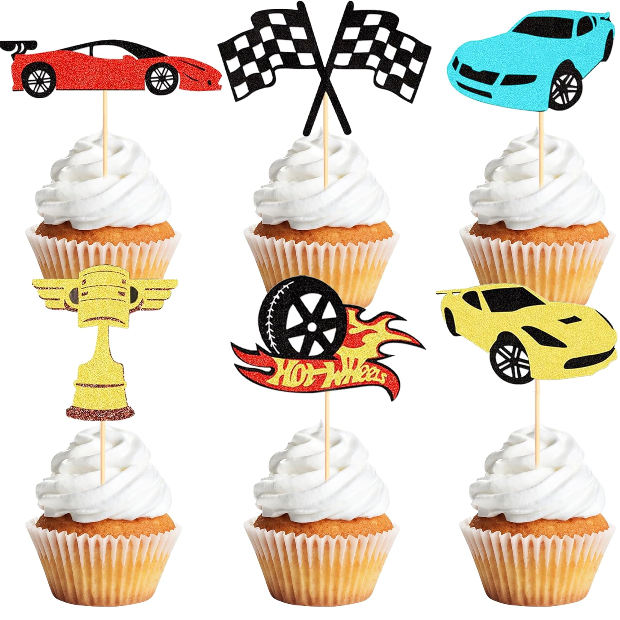 12 Pieces Race Car Cupcake Toppers, Glitter H2FSDRace Car Trophy ...