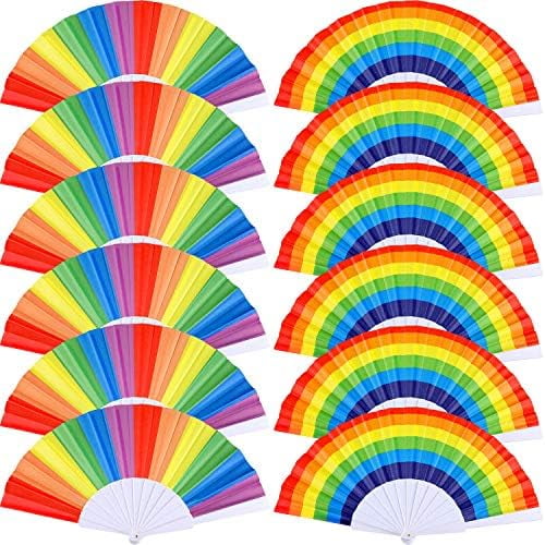 12 Pieces Rainbow Fans Folding Colorful Hand Held Fan Summer Accessory ...