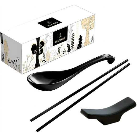 12 Pieces Ramen Set: 4 Black Spoons, 4 Chopsticks And 4 Stand rest ...