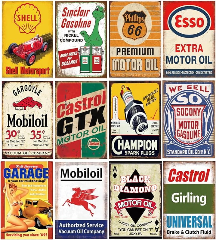 12 Pieces Reproduced Vintage Gas Oil Car Tin Signs, Home Bar Man Cave ...