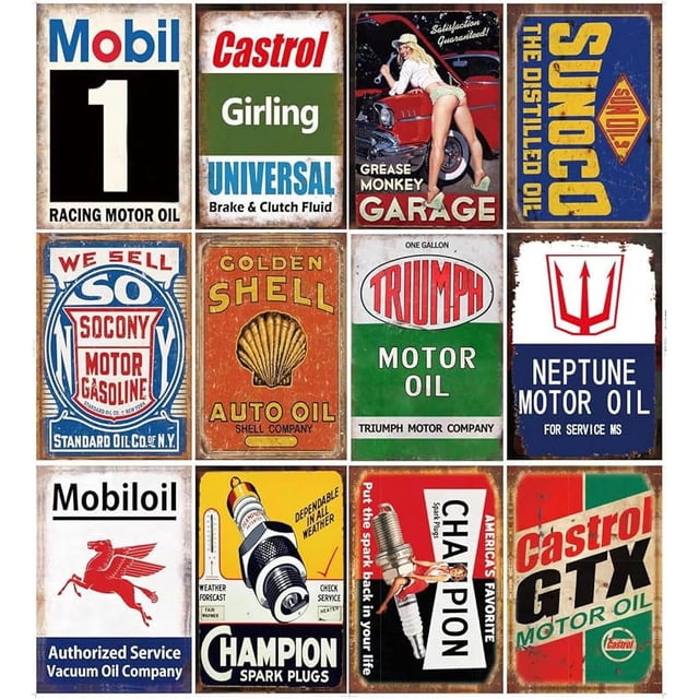 12 Pieces Reproduced Vintage Gas Oil Car Tin Signs, Home Bar Man Cave ...