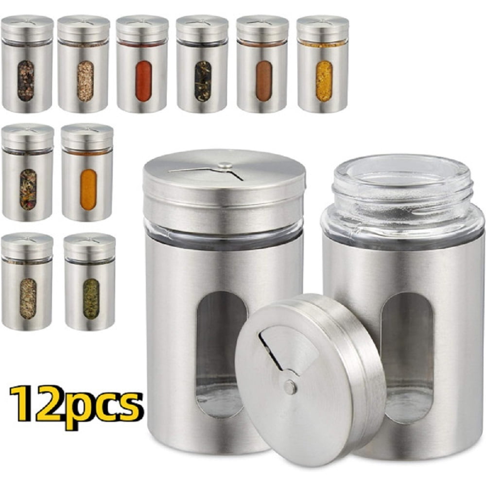 12 Pieces Salt and Pepper Shakers Stainless Steel Spice Shakers with 3 ...