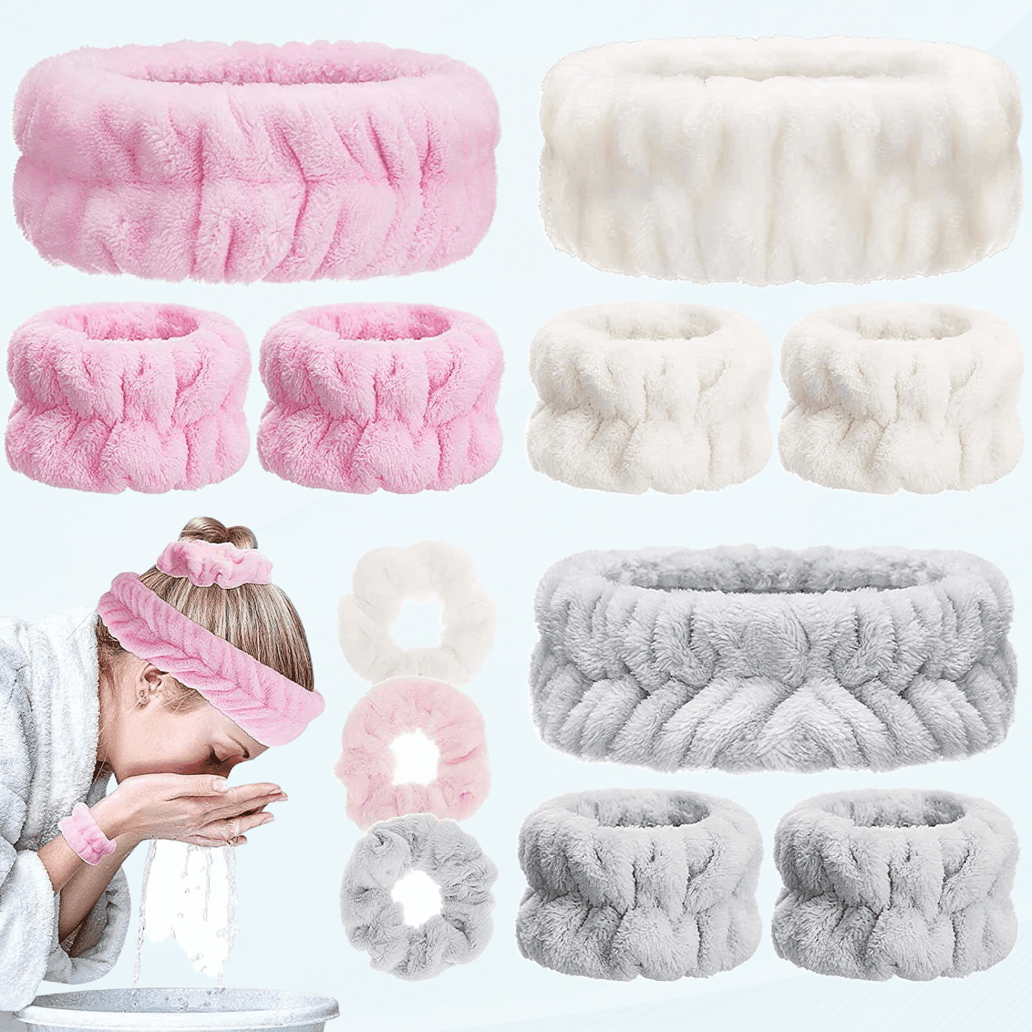 12 Pieces Spa Headband Wrist Washband Hair Scrunchies Set Includes 3 ...