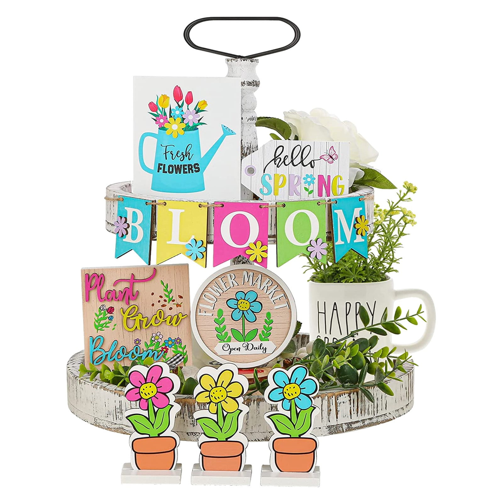 12 Pieces Spring Tiered Tray Decor Daisy Flower Wooden Signs Floral ...