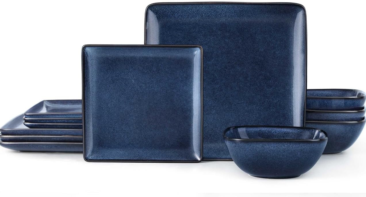 12 Pieces Square Stoneware Dinnerware Set, Service for 4, Dinner Plates ...
