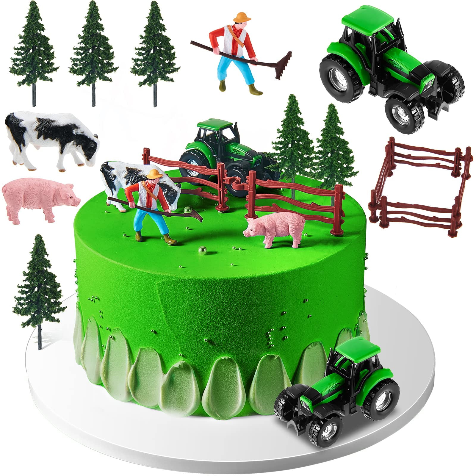 12 Pieces TractorTRDN Cake Topper Set with Tree Farmer Fences Mini Barn ...