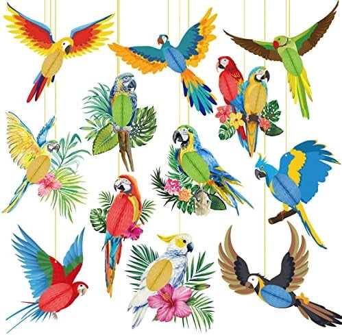 12 Pieces Tropical Birds Honeycomb Parrot Paper Cutouts Hawaiian Themed ...