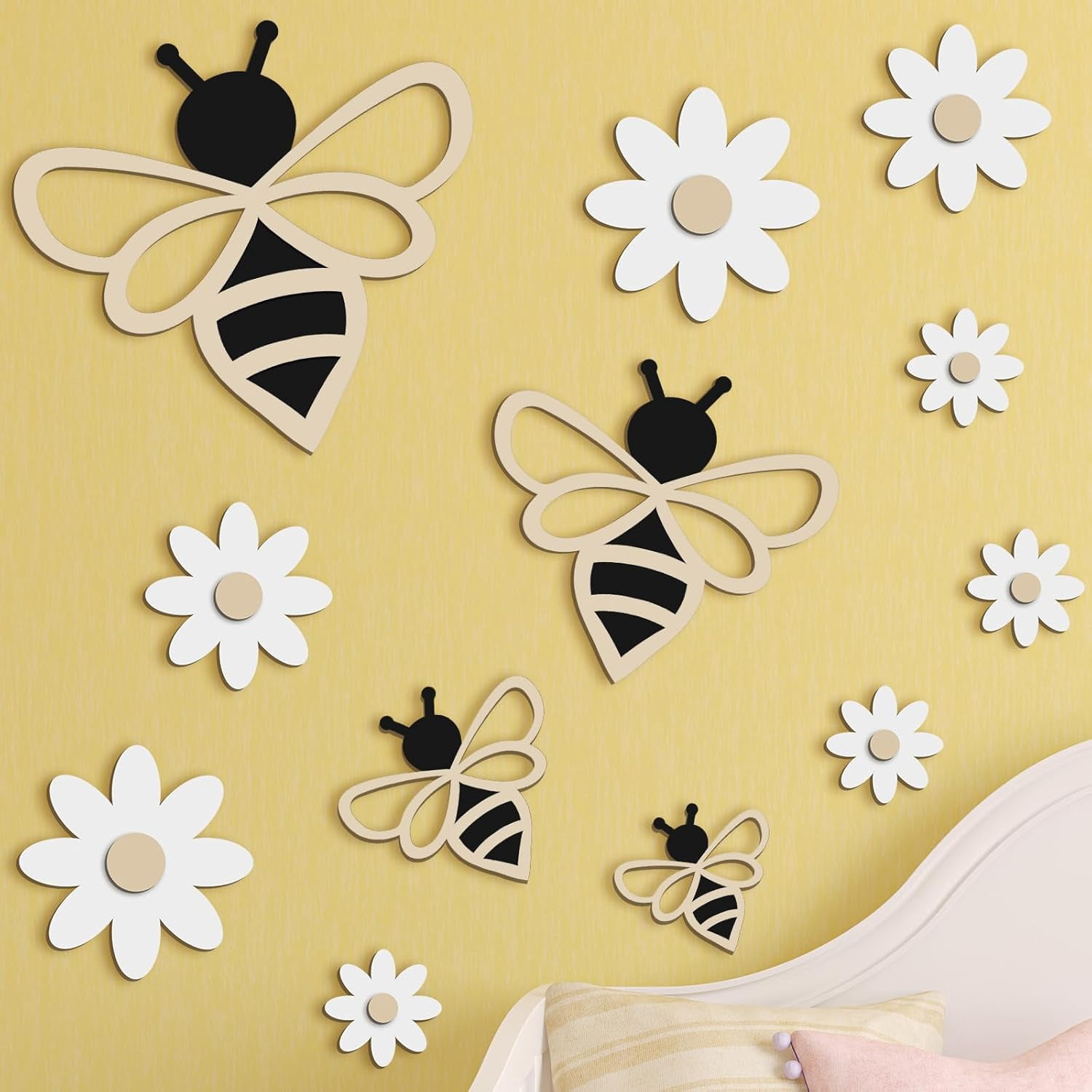 12 Pieces Wooden Bee Decor Farmhouse Honey Bee Daisy Wall Art Hanging ...
