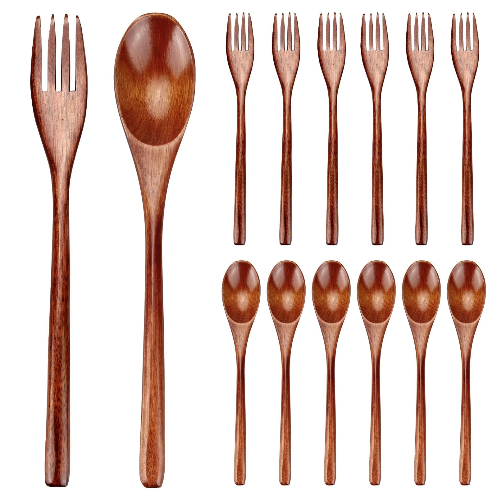 12 Pieces Wooden Forks and Spoons for Eating Utensil Set Lunch Wooden ...