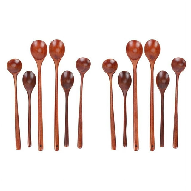 12 Pieces Wooden Spoons Kitchen Serving Long Handle Soup Spoons Cooking ...