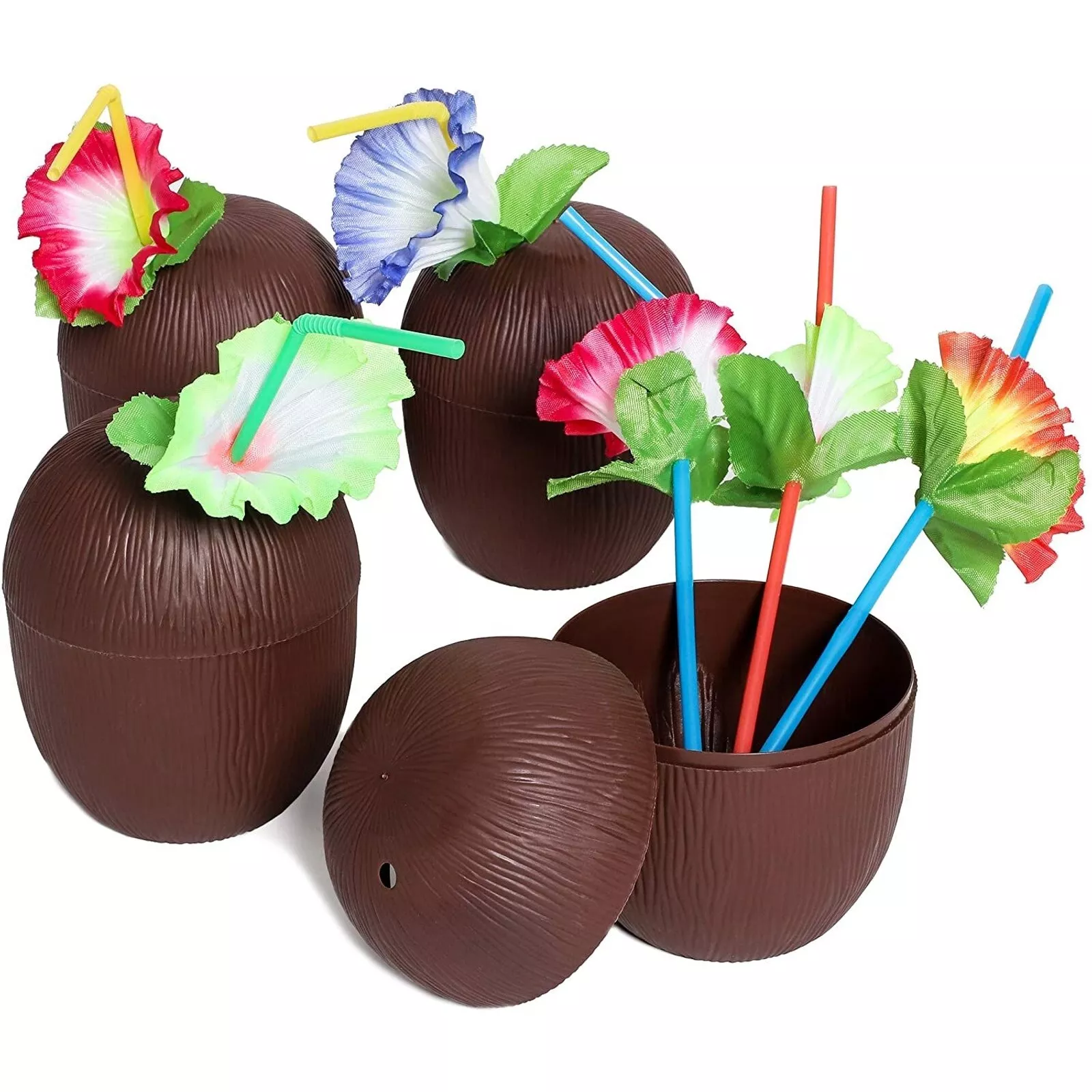 12 Plastic Coconut Cup with Straws Flowers for Hawaiian Luau Party ...