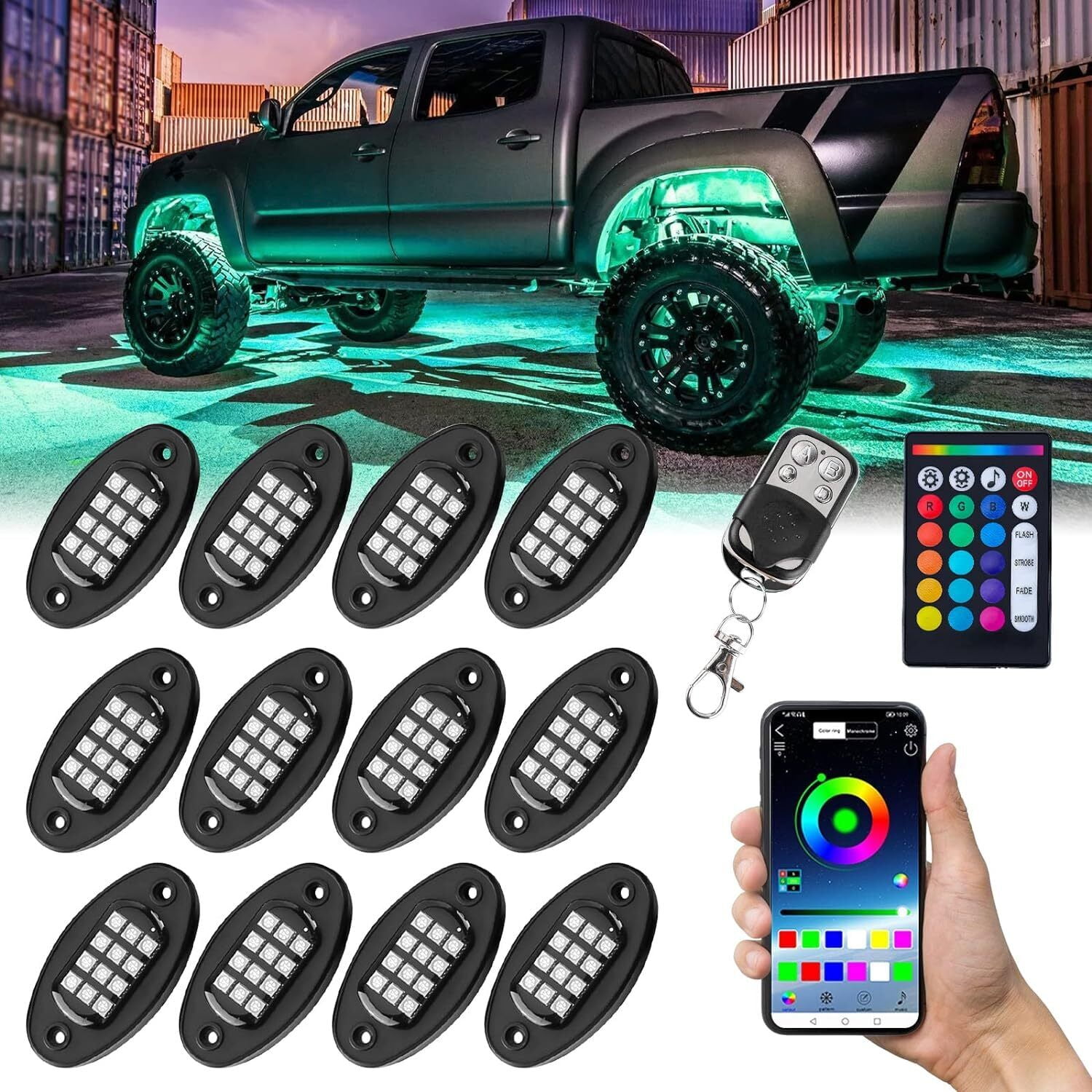 12 Pods Led Rock Lights Kit Underbody Glow Neon Lamp with APP/RF Remote ...