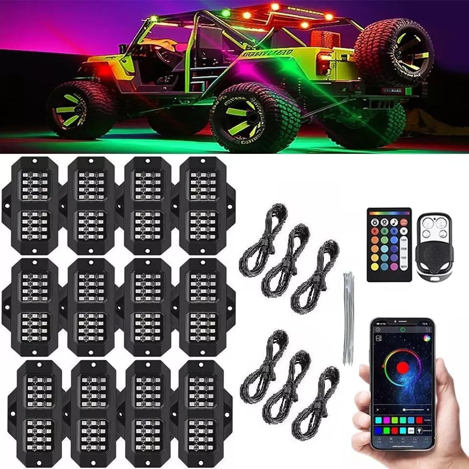 12 Pods RGB LED Rock Lights Kit 24 LEDs with 3 Remote Controls 6 ...