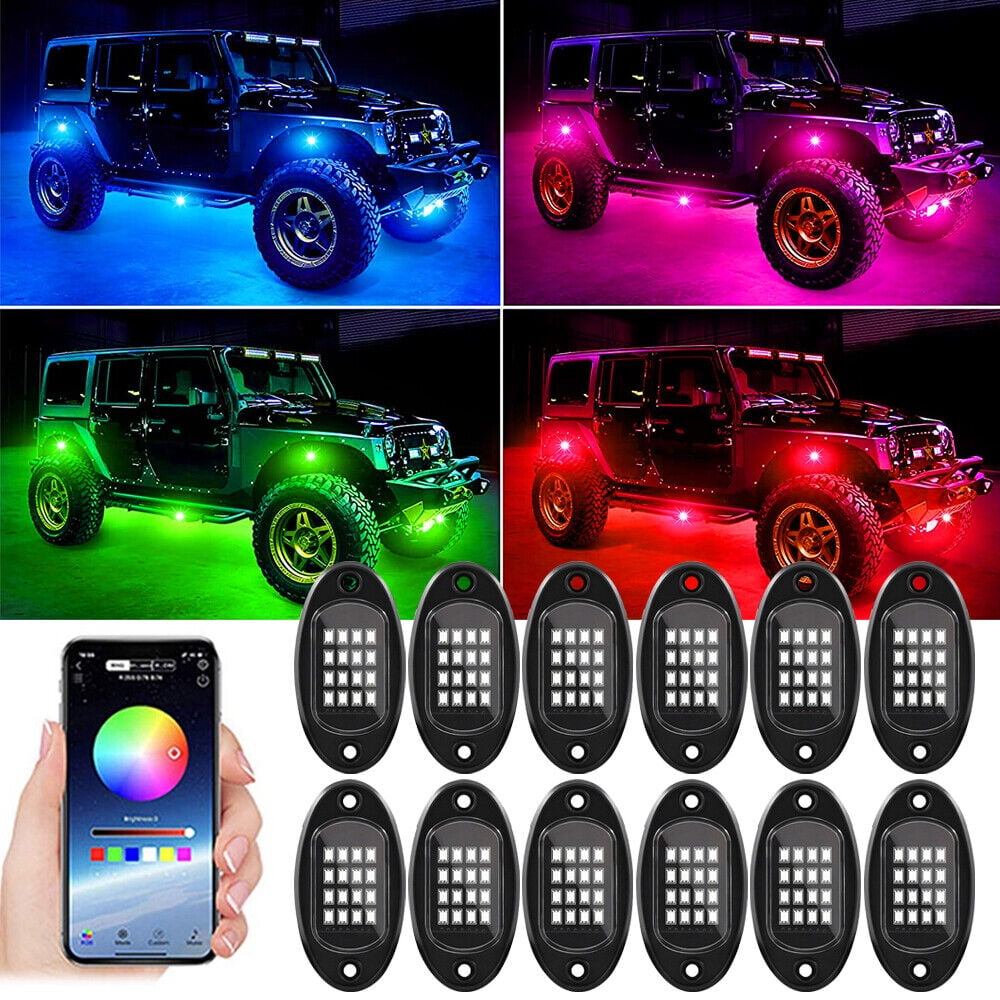 12 Pods RGB LED Rock Lights Kit Offroad Truck Underbody Neon Music ...