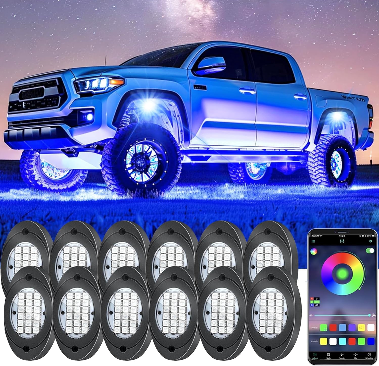 12 Pods Rock Lights, Underglow Multicolor Neon Light Kit Wheel Well ...