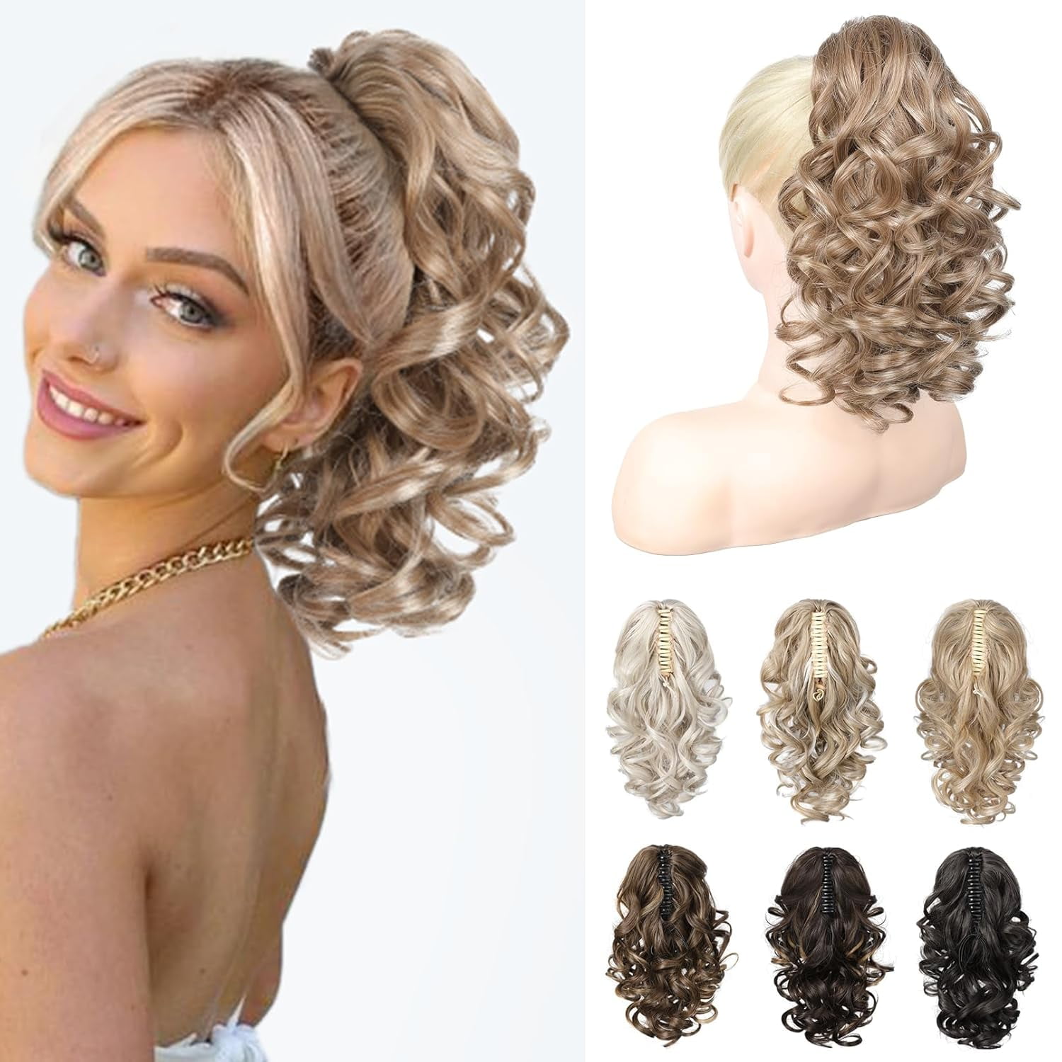 12" Ponytail Extension, Classic Loose Curly Wavy Claw Clip Pony tails ...