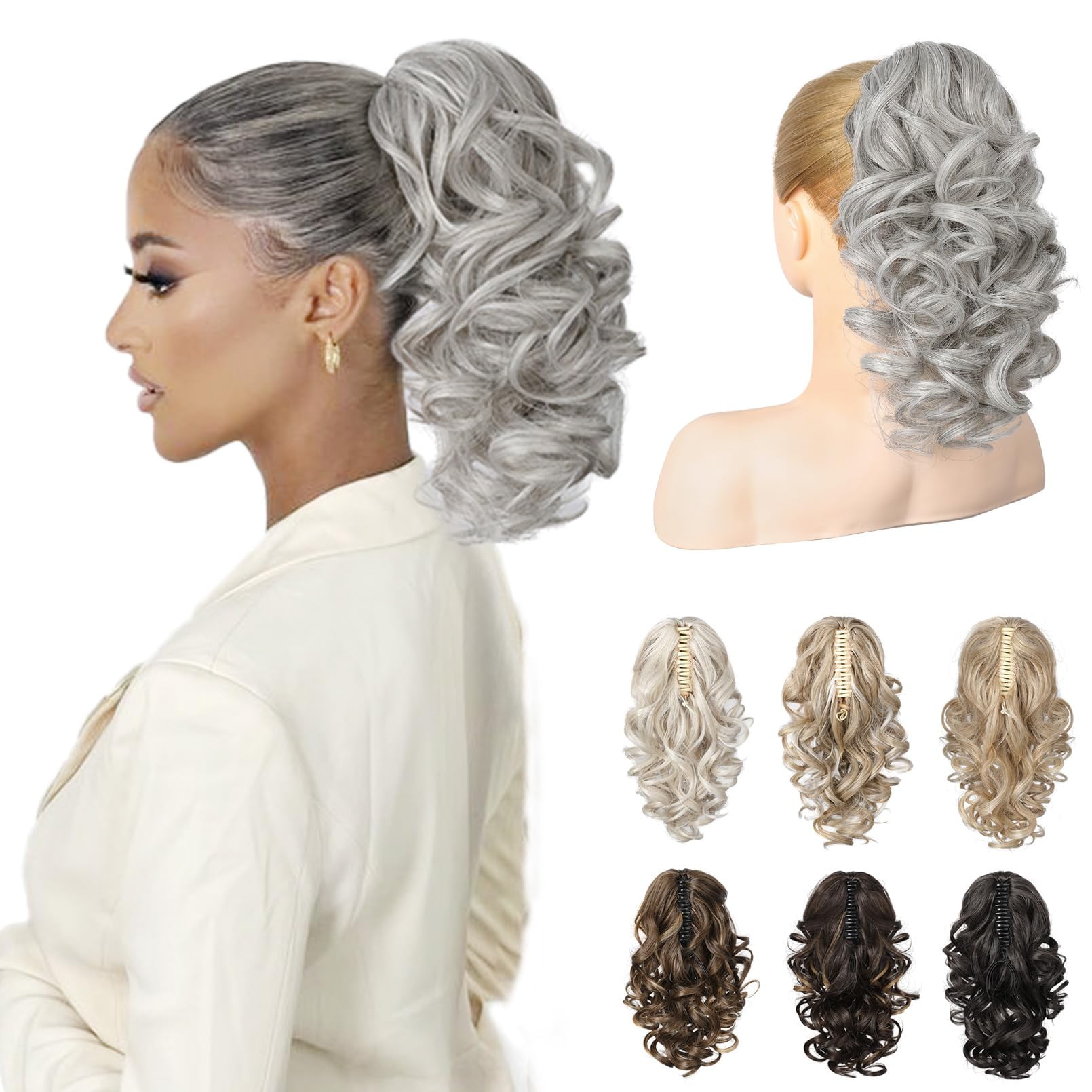 12" Ponytail Extension, Classic Loose Curly Wavy Claw Clip Pony tails ...