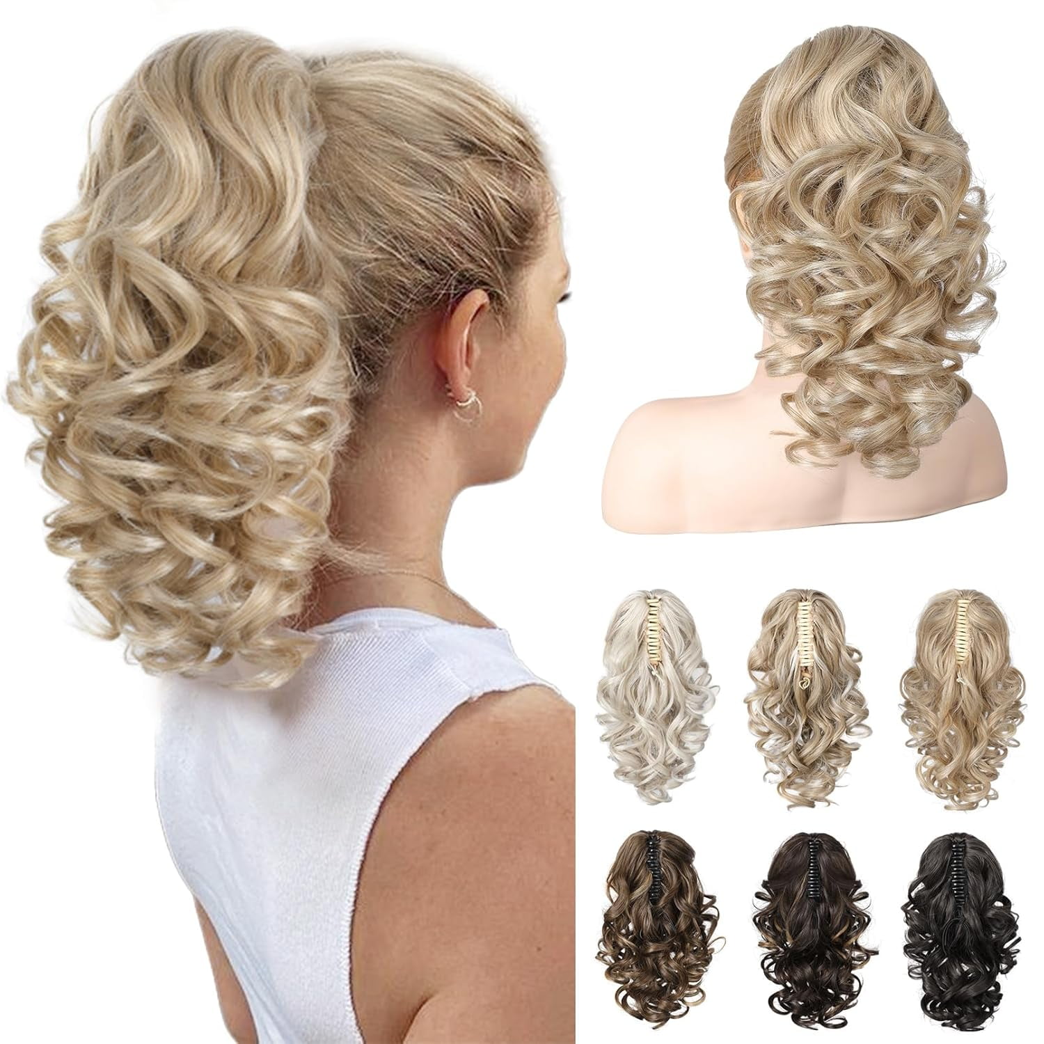 12" Ponytail Extension, Classic Loose Curly Wavy Claw Clip Pony tails ...