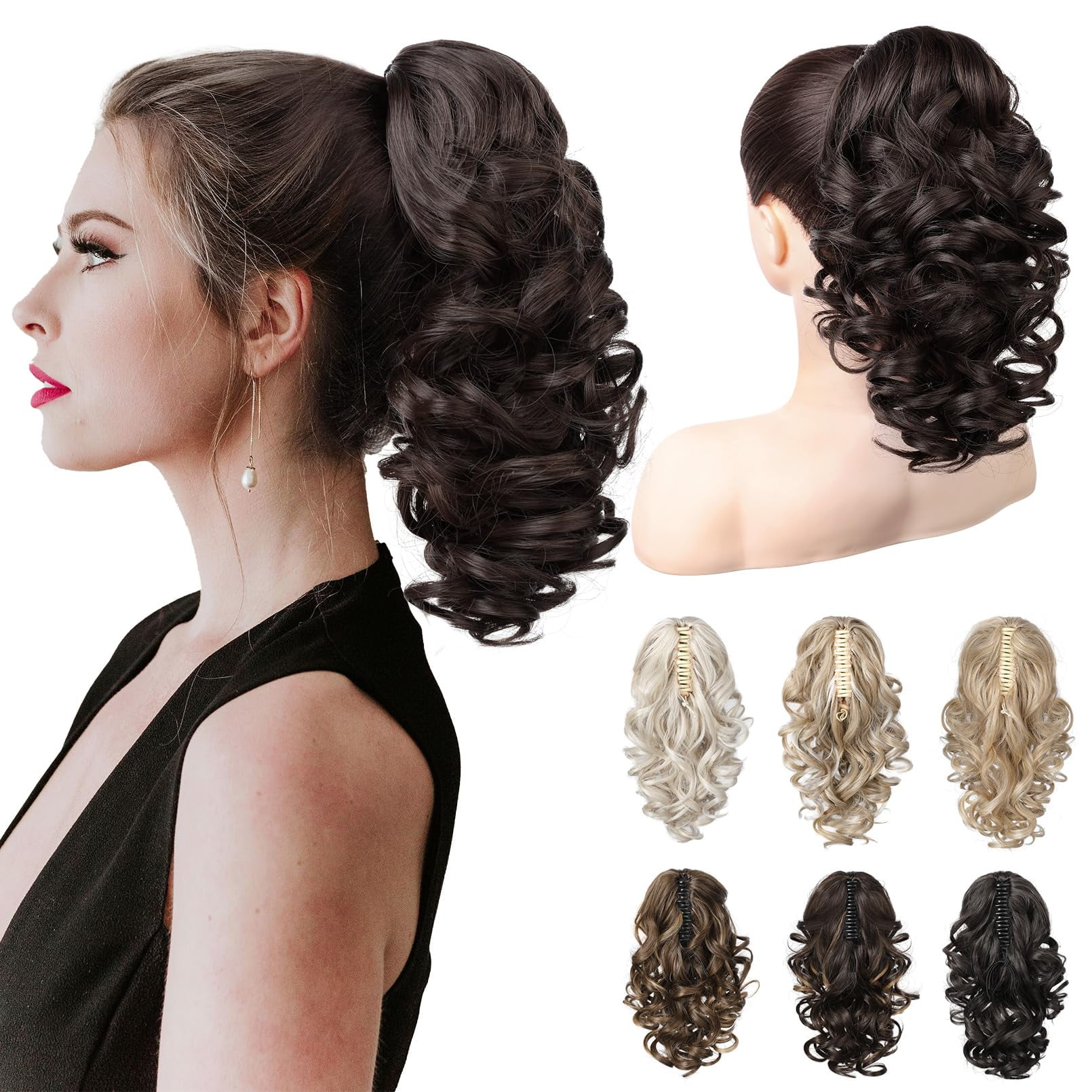 12" Ponytail Extension, Classic Loose Curly Wavy Claw Clip Pony tails ...