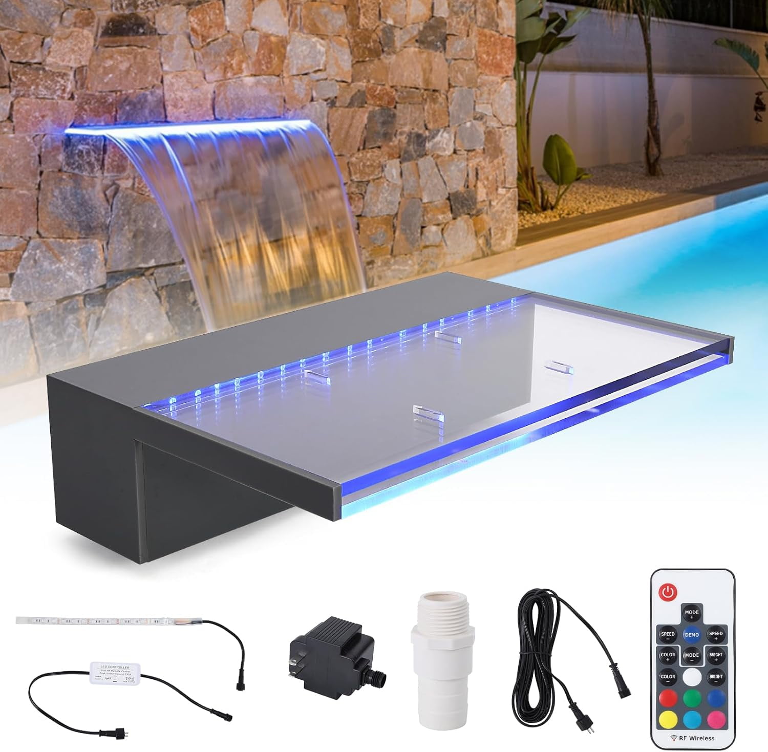 12" Pool Fountain Acrylic Pool Waterfall Spillway 11.8" x 4.5" x 3.1"(W ...