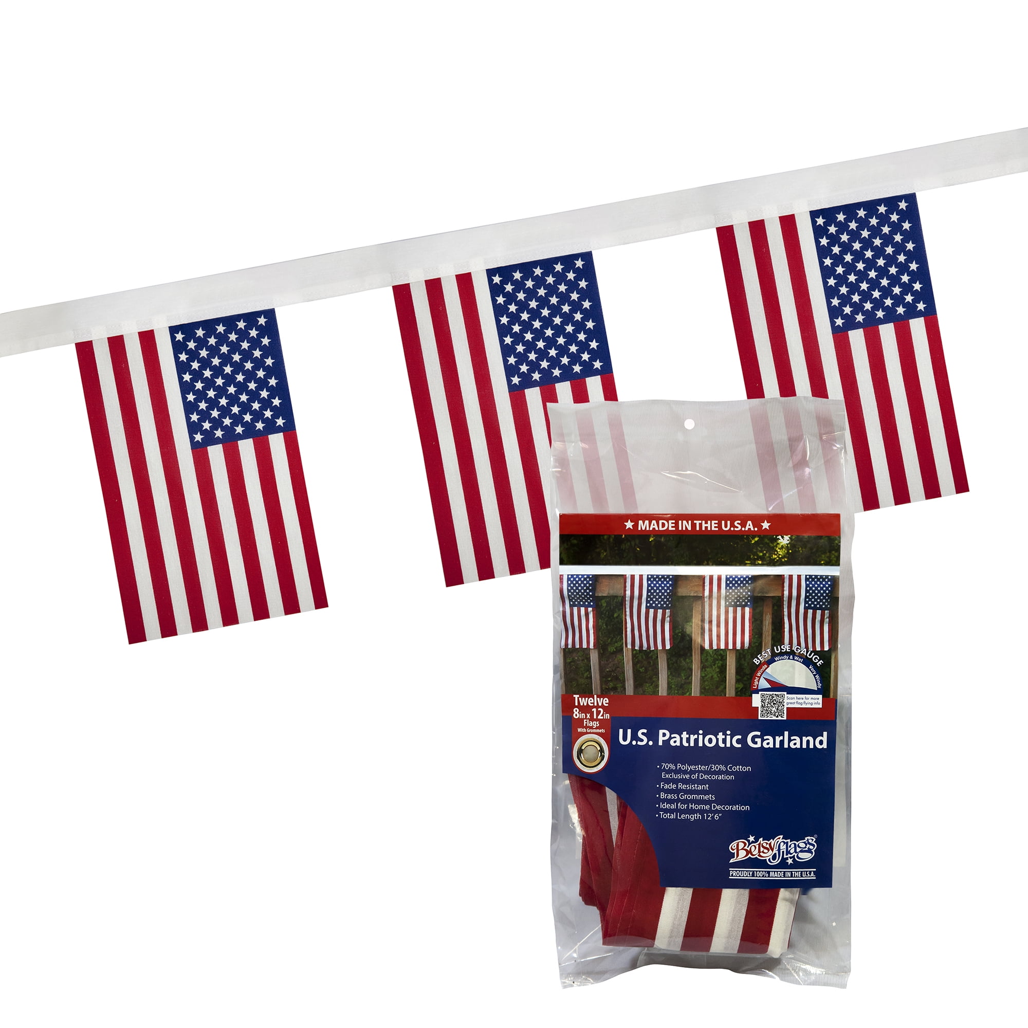 12' Printed Polycotton 12 PC Garland with 12"x18" U.S. Flags by Betsy ...