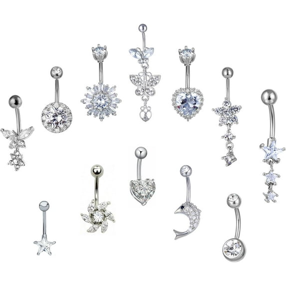 12 Professional Pcs Belly Navel Button Rings Crystal 14ga Stainless ...