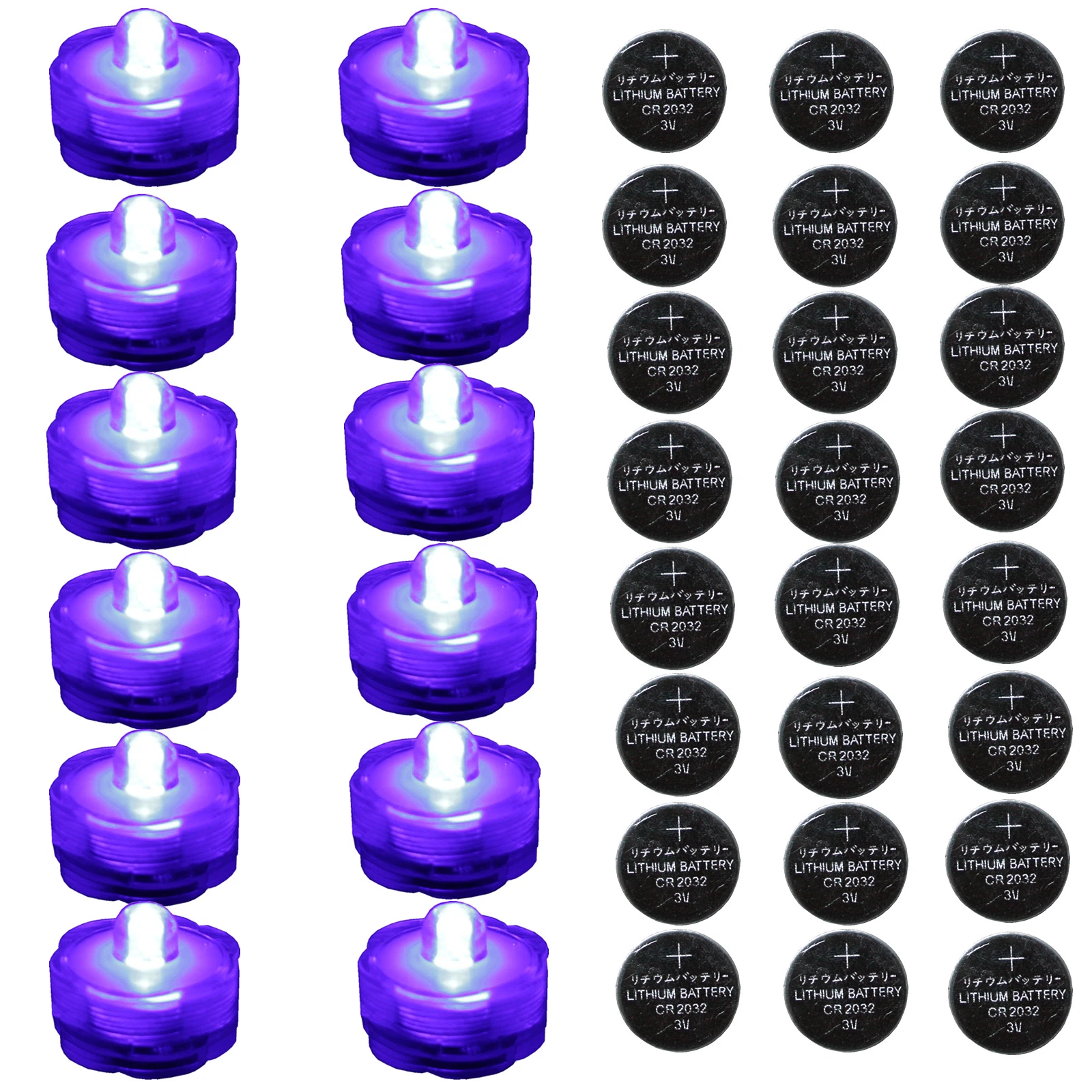 12 Purple Submersible Tea Lights & 25 Cr2032 Replacement Battery Bundle ...