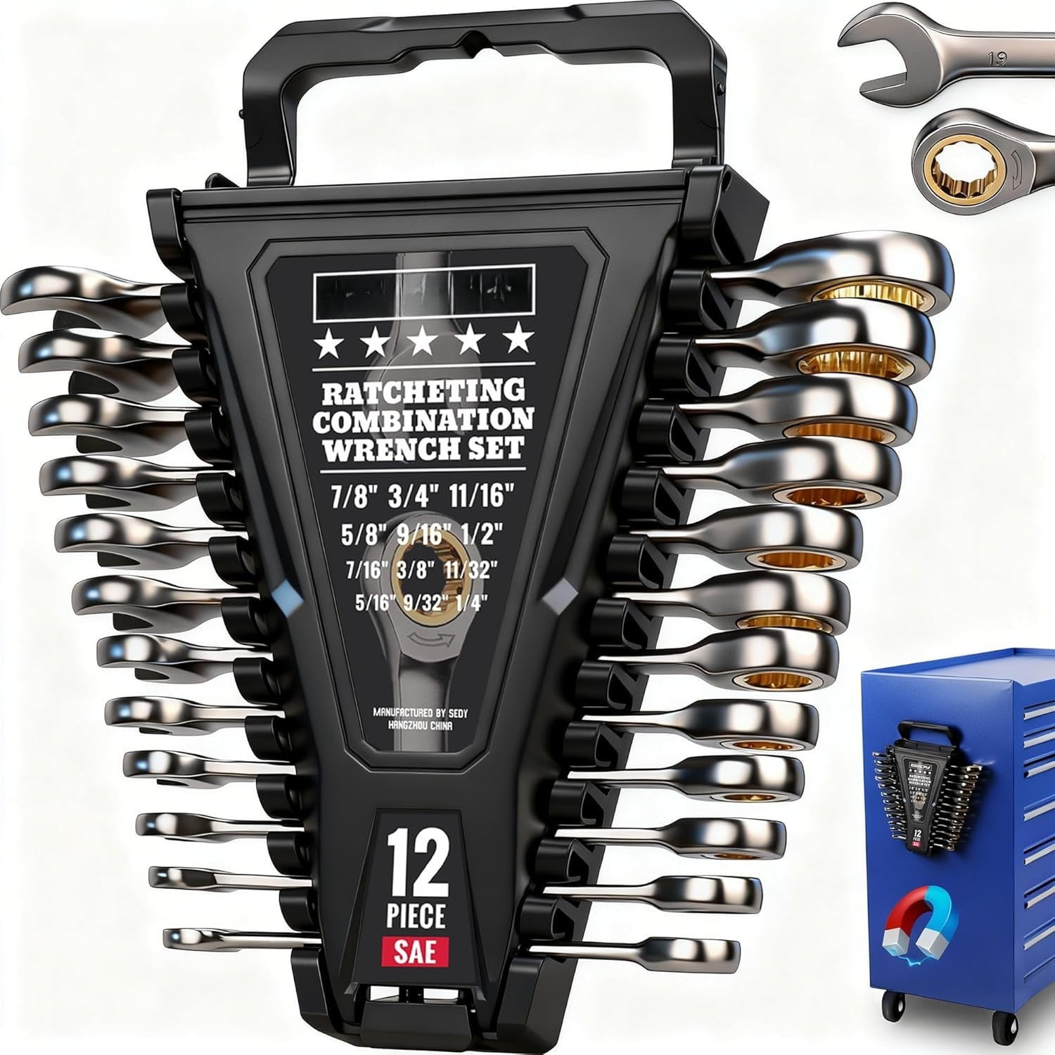 12- Ratchet Wrenches Set with Organizer 1/4"-7/8", 72- Ratcheting ...