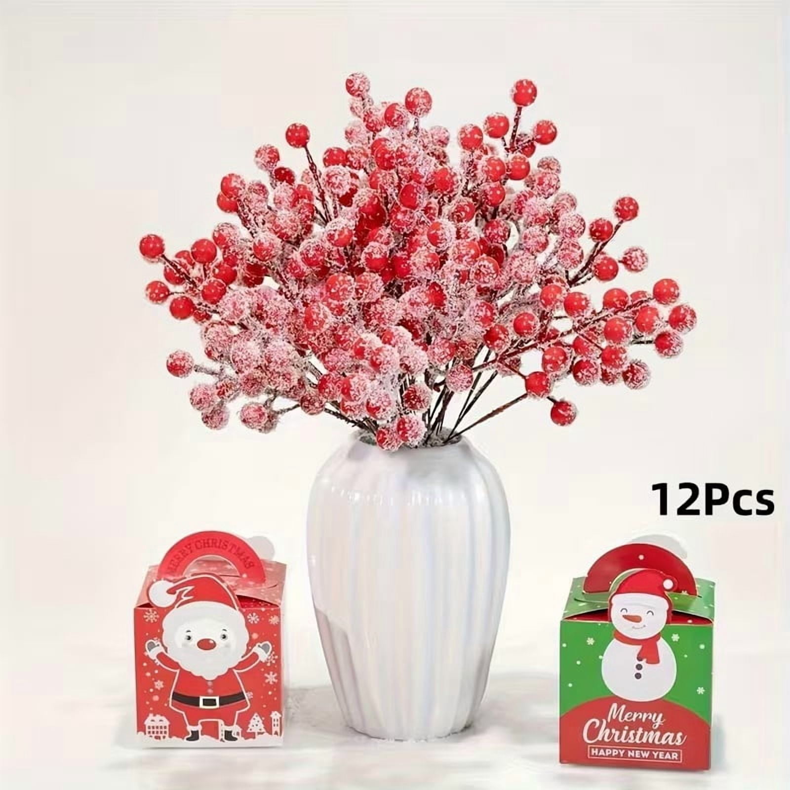 12 Red Berry Christmas Branches - Festive Frosty Winter Decor for Year ...