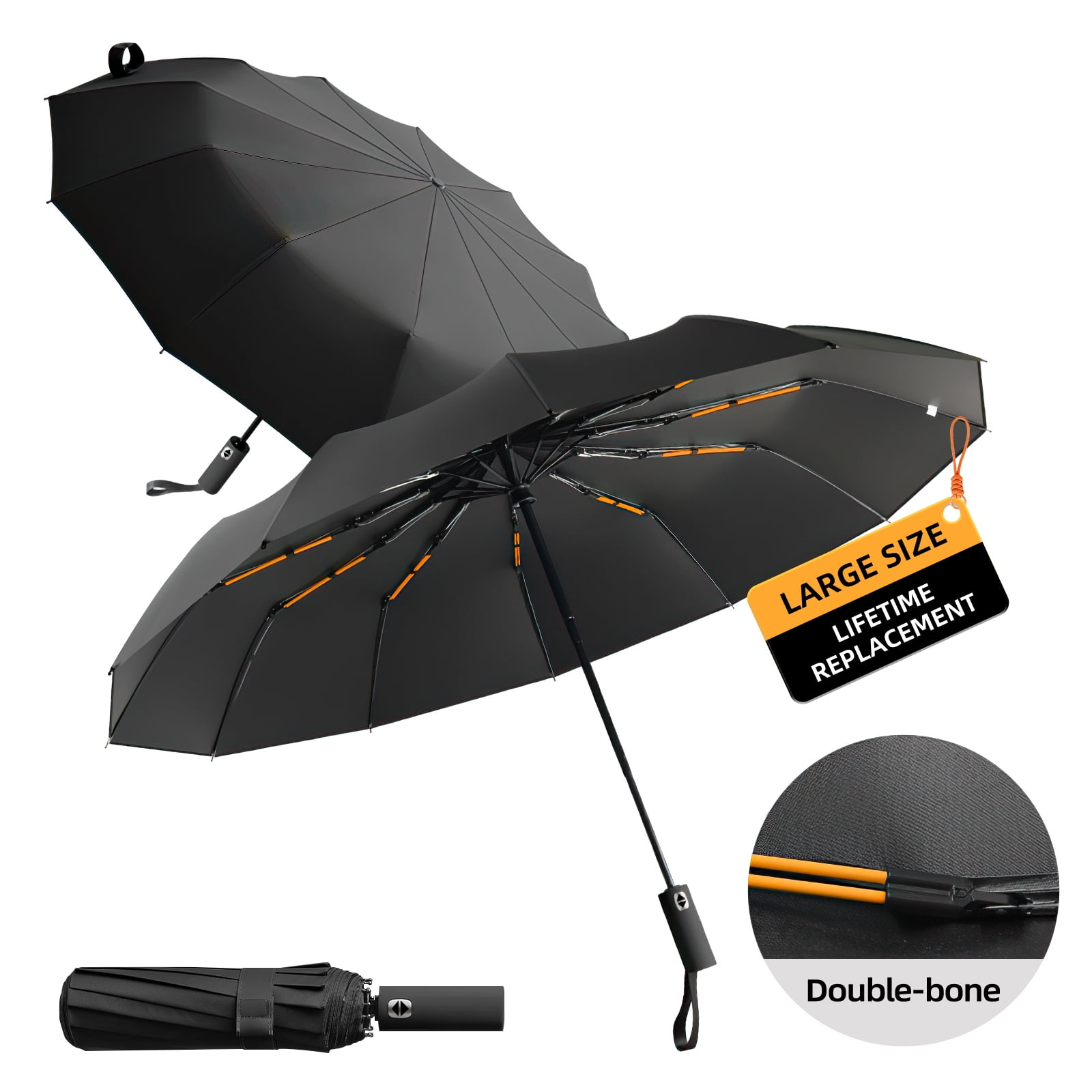 GPED 12-Rib Heavy-Duty Automatic Outdoor Umbrella, Reinforced Black ...