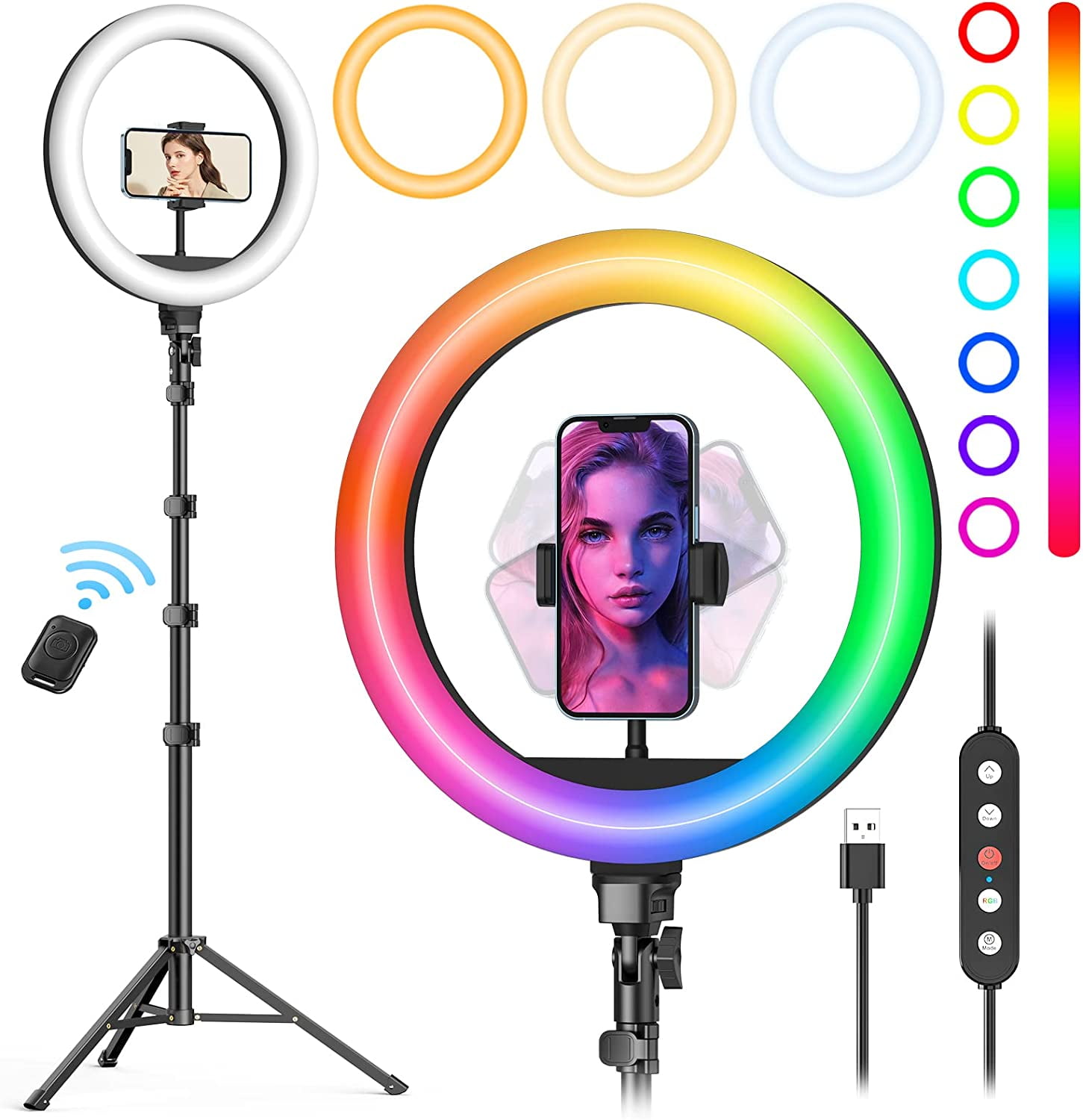 12'' Ring Light with Stand 72'' Tall & 2 Phone Holders,38 Color Modes ...