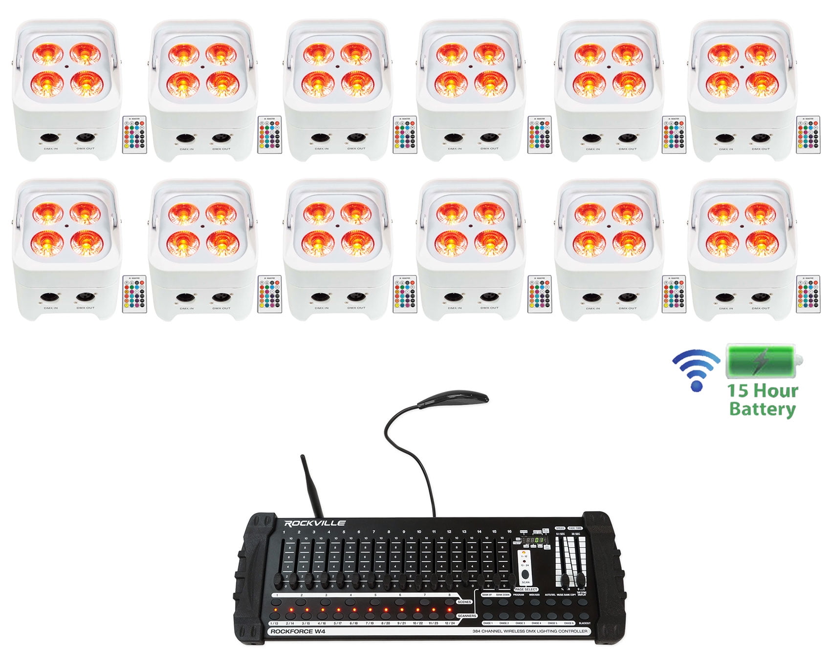 12 Rockville BEST PAR 50 Battery Wash Lights Wireless DMX+384 Channel ...