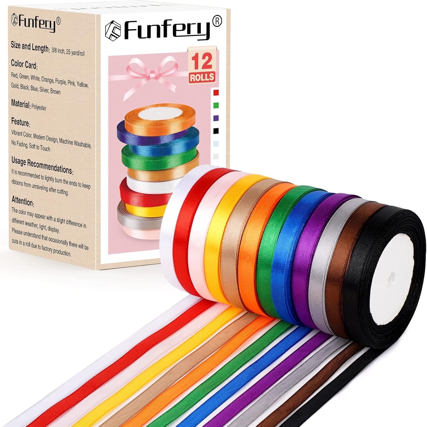 12 Rolls 300 Yards 3/8 Inch Satin Ribbon Solid Color Thin Ribbon- 25 ...