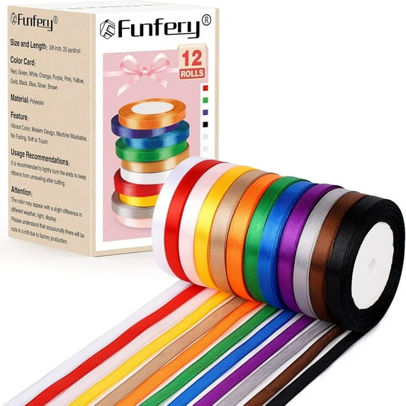 12 Rolls 300 Yards 3/8 Inch Satin Ribbon Solid Color Thin Ribbon- 25 ...