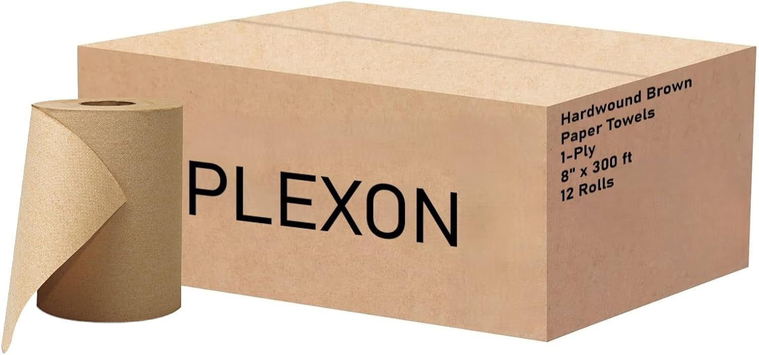 12 Rolls of Plexon Hardwound Brown Paper Towels, 1-Ply, Large 8" x 300 ft Rolls – Commercial ...