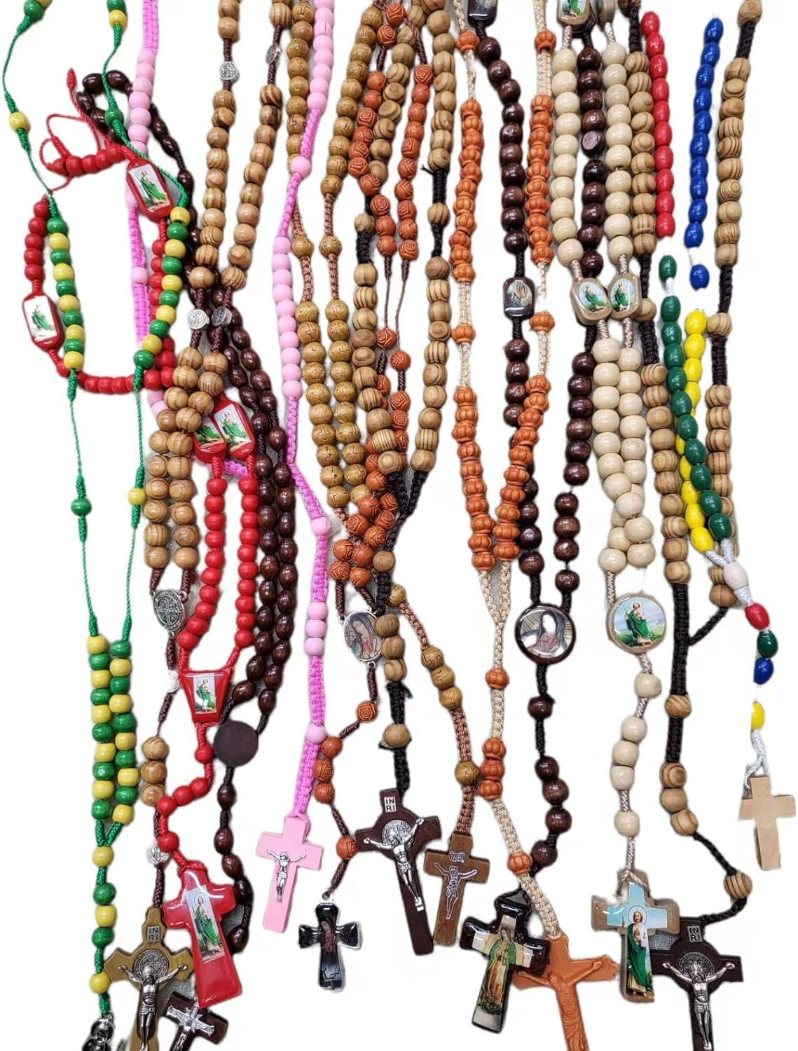 12 Rosary Bead Necklace Asst. Color Wood Bead Crucifix Religous With ...