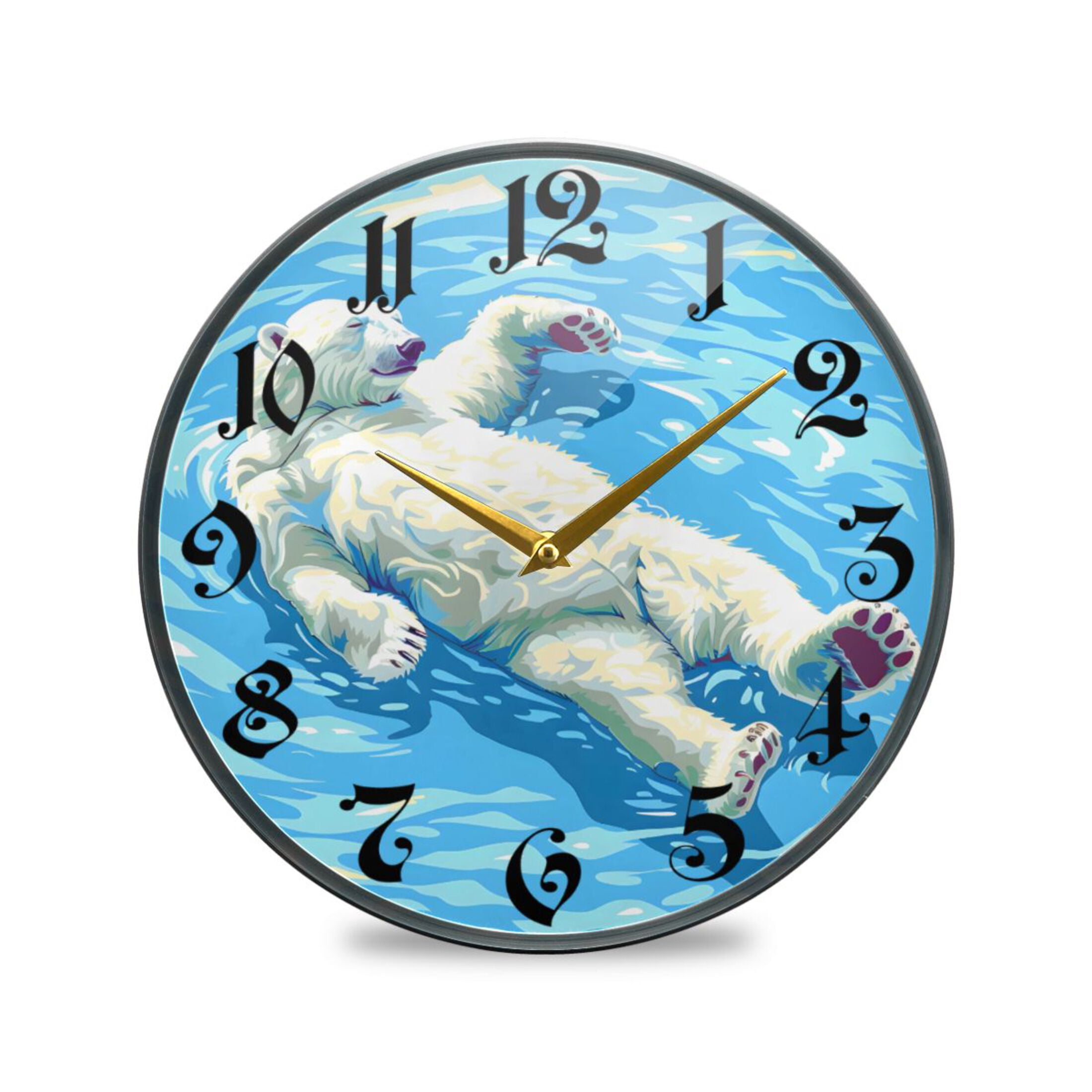 12" Round Silent Wall Clocks A Polar Bear on Water Acrylic Battery ...
