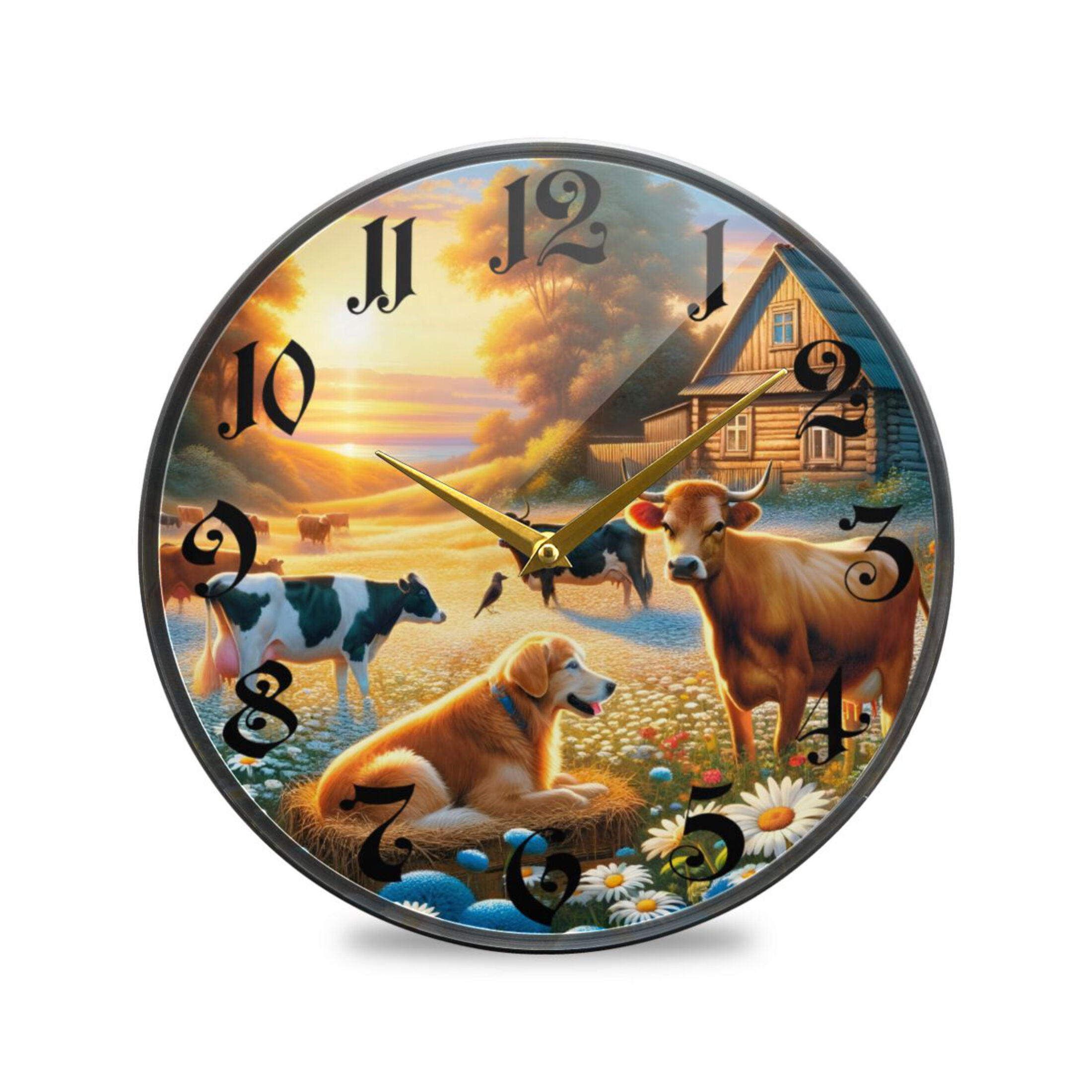 12" Round Silent Wall Clocks Animals on Wild Field with Sunset Acrylic ...