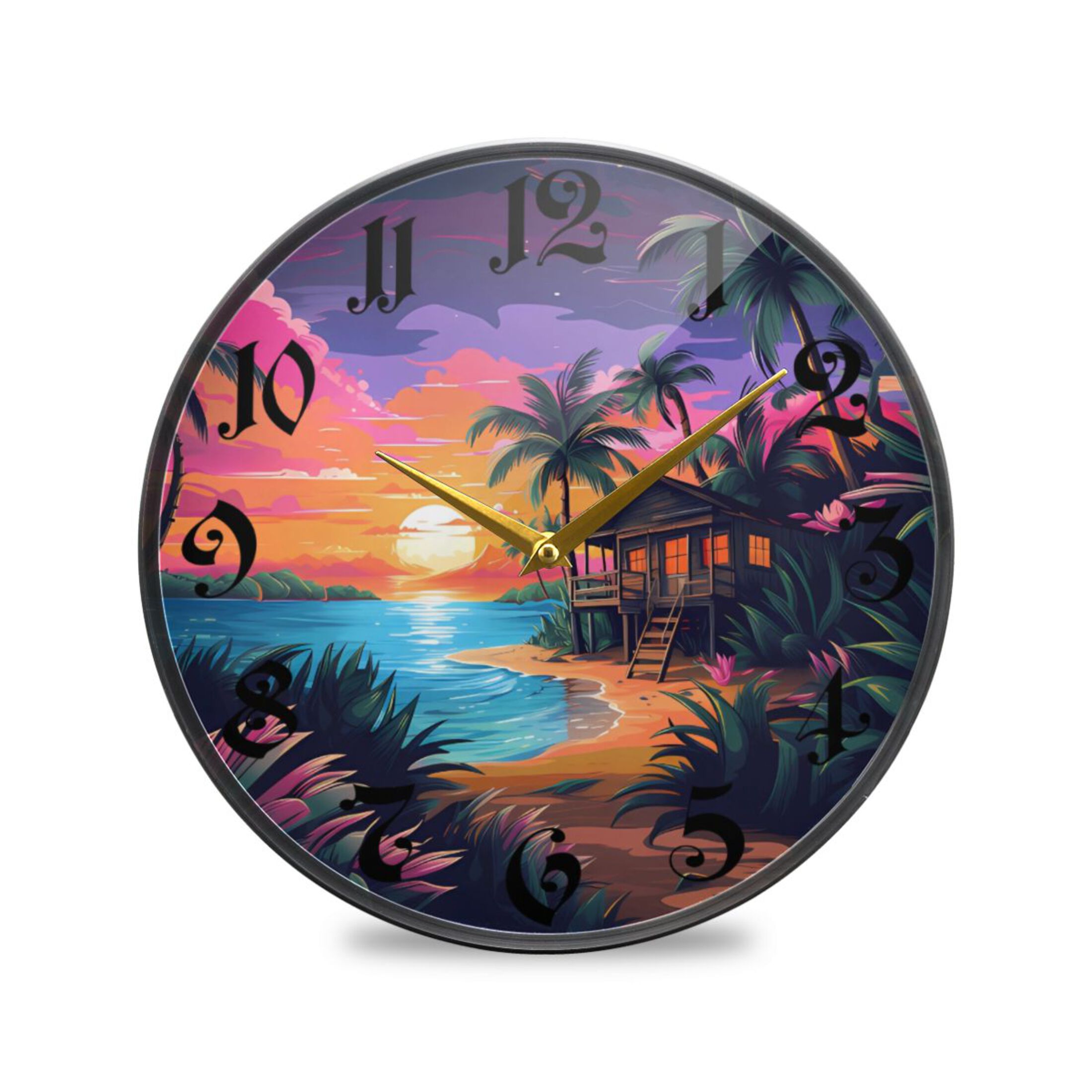 12" Round Silent Wall Clocks Beach Palm Tree Sunset Acrylic Battery Operated Clock Non-Ticking ...