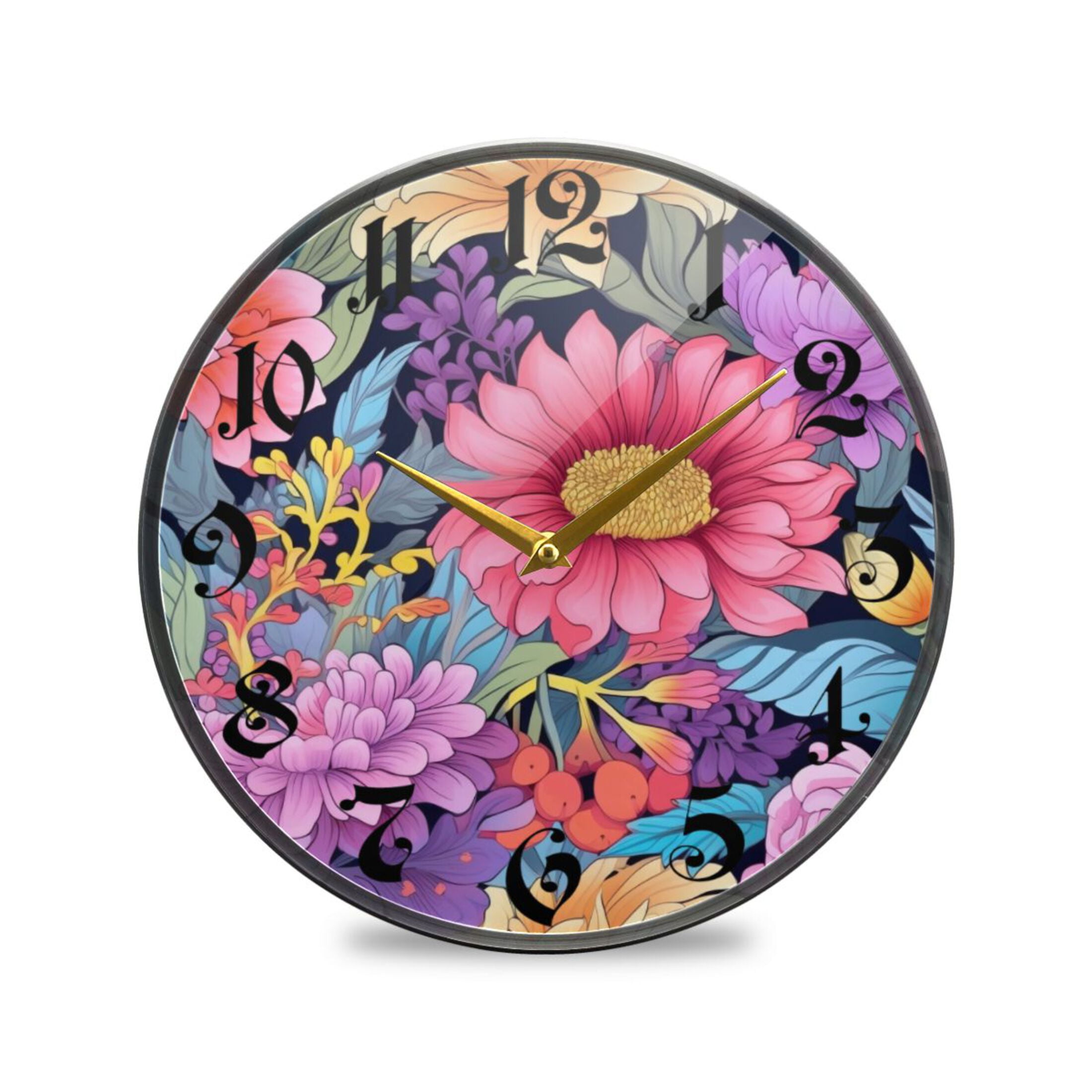 12" Round Silent Wall Clocks Beautiful Clorful Floral Acrylic Battery ...