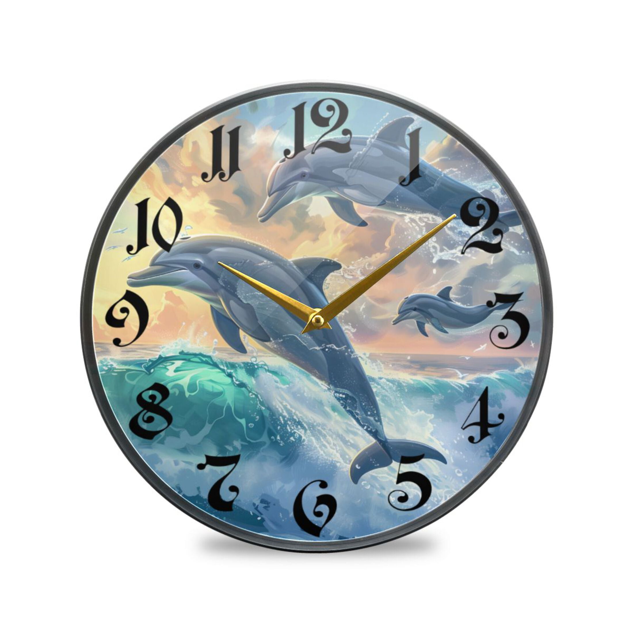 12" Round Silent Wall Clocks Beautiful Dolphins Jumped Acrylic Battery ...