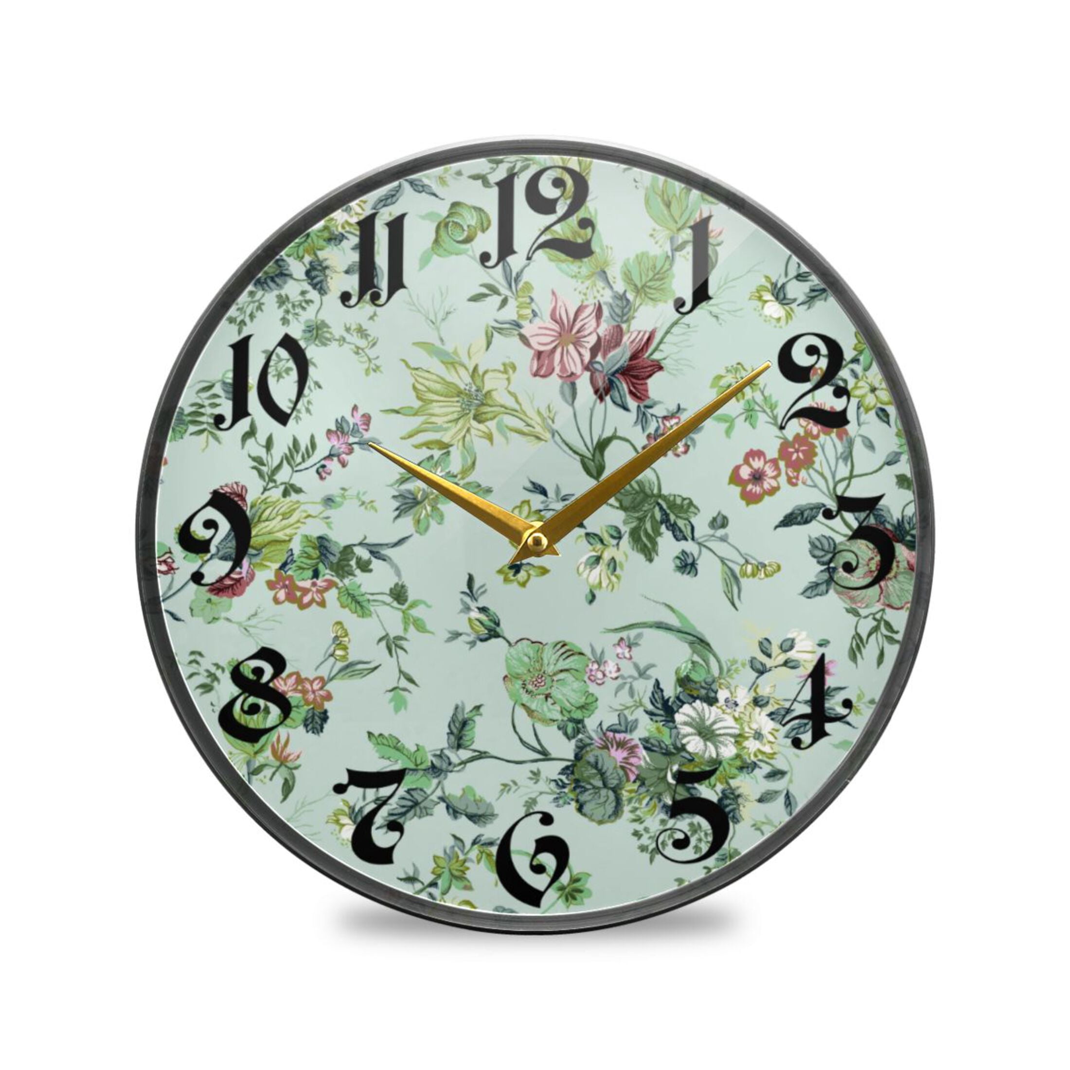 12" Round Silent Wall Clocks Beautiful Flower Green Leaves Acrylic ...