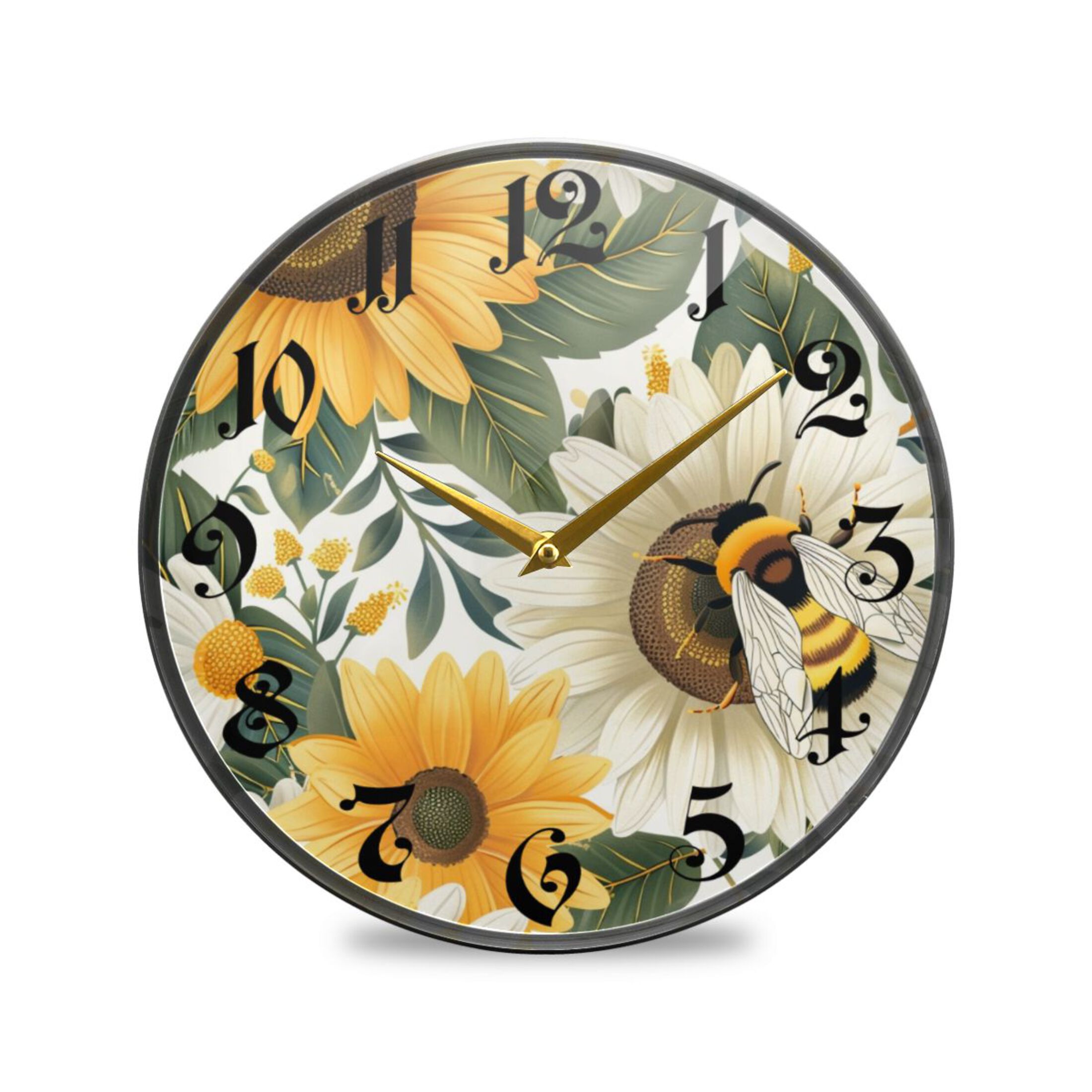 12" Round Silent Wall Clocks Bee on Sunflowers Acrylic Battery Operated ...