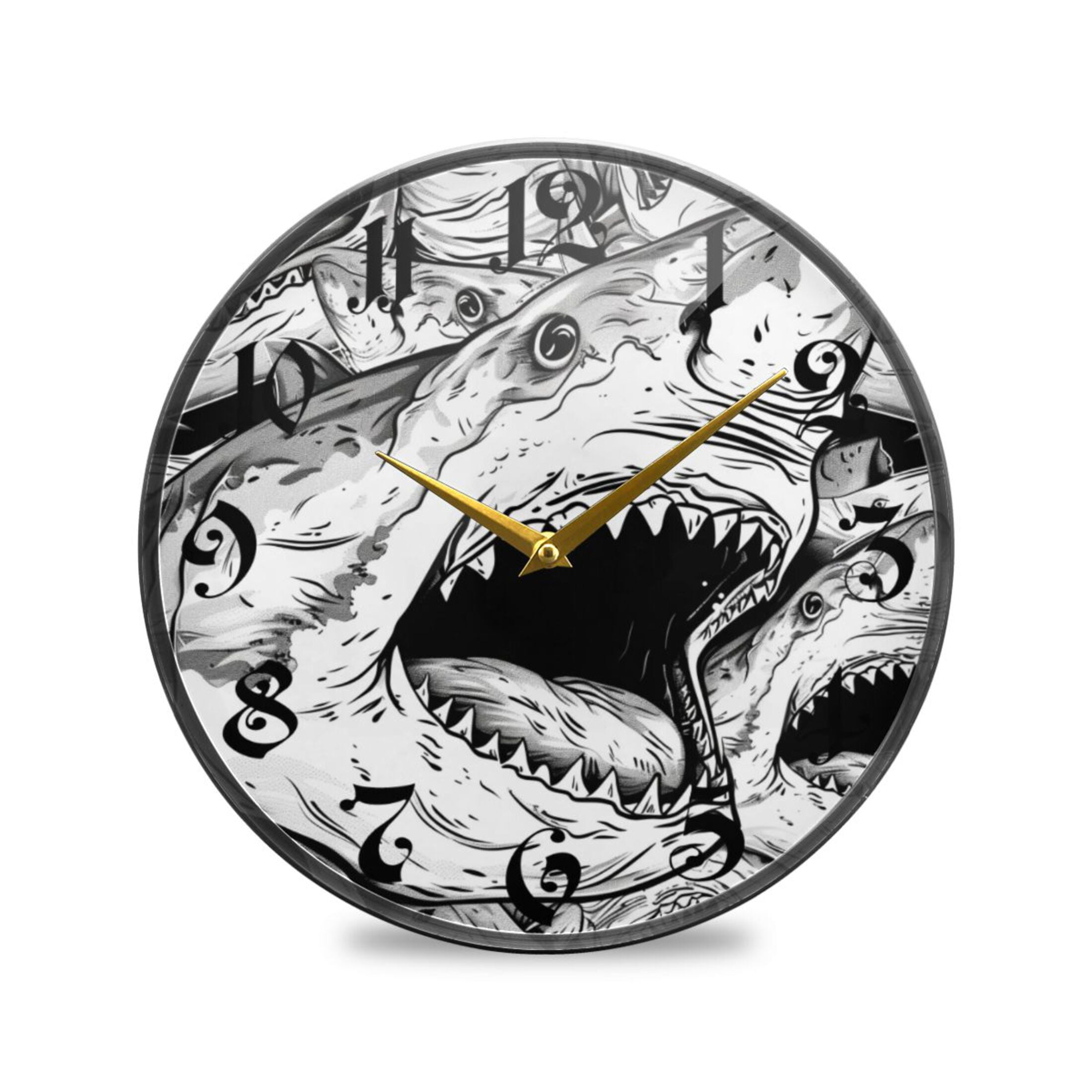 12" Round Silent Wall Clocks Big Shark Acrylic Battery Operated Clock ...
