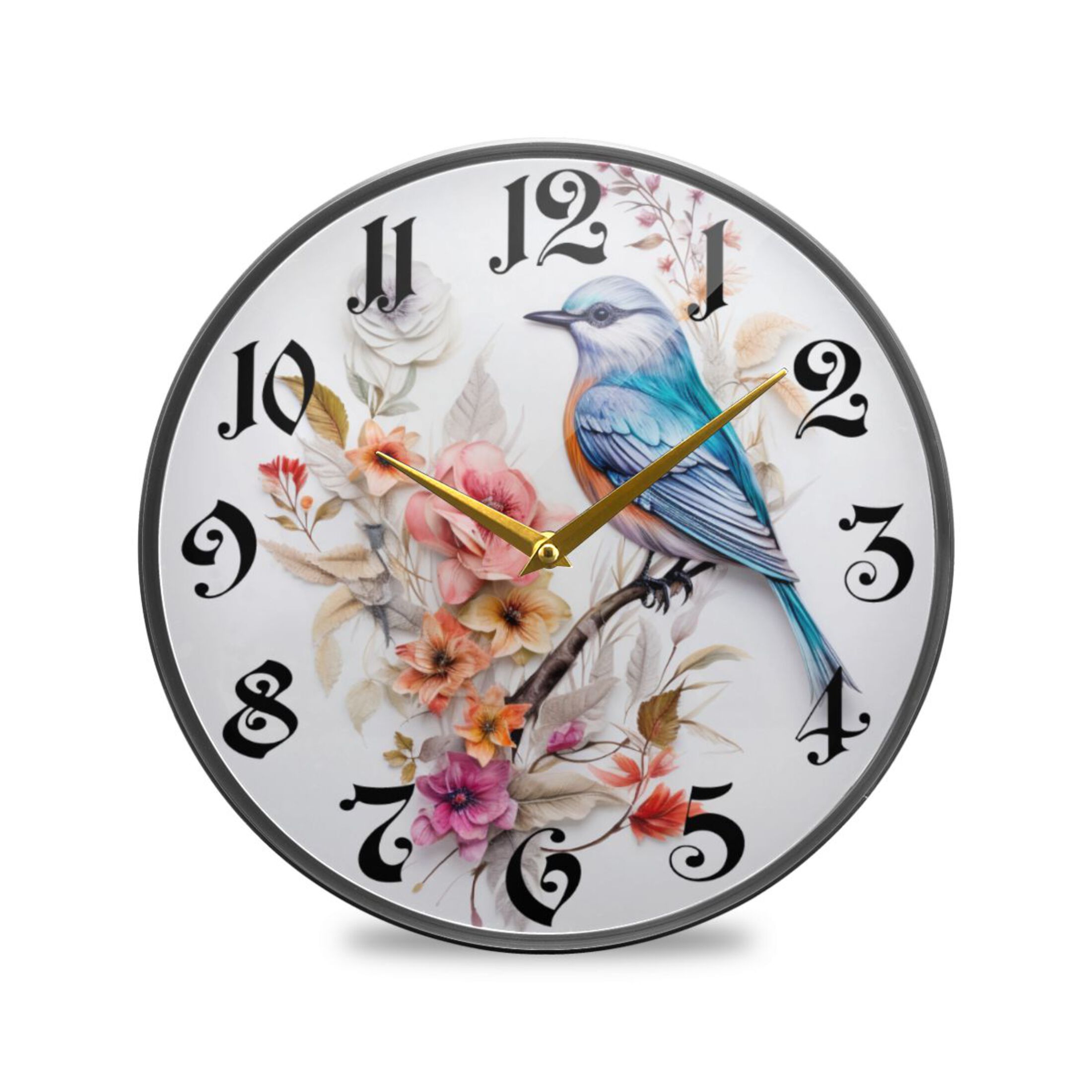 12" Round Silent Wall Clocks Bird on Beautiful Floral Branch Acrylic ...